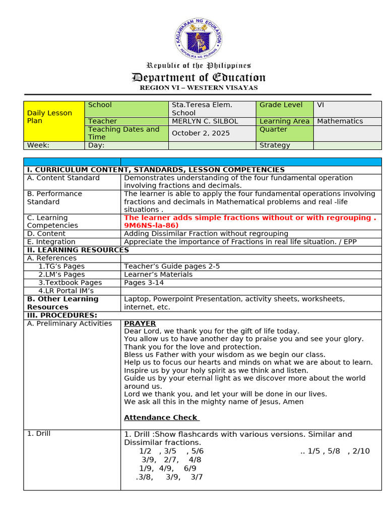 Sample of Demo Lesson Plan Grade 6 2025-2026 | PDF | Arithmetic
