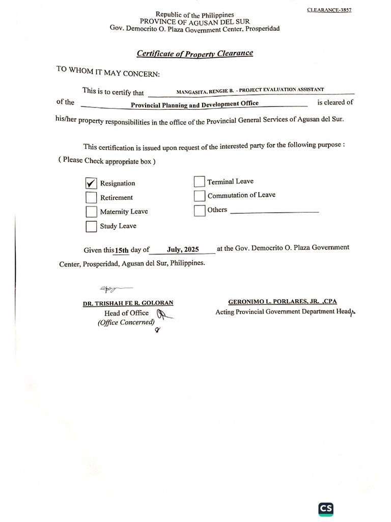 Certificate of Property Clearance_Rbmangasita | PDF