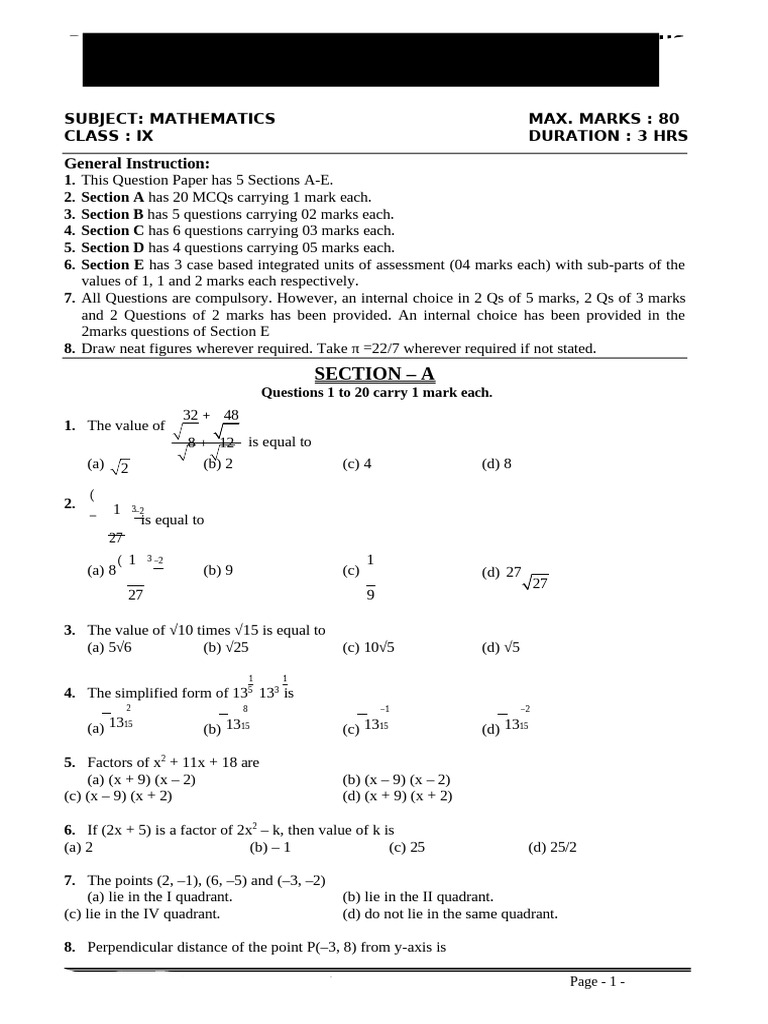 Class IX Mathematics Sample Paper 2025 | PDF | Area | Elementary ...