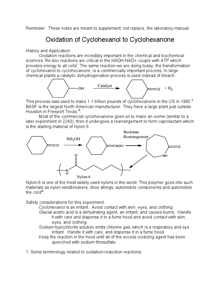 Oxidation of Cyclohexanol to Cyclohexanone | PDF | Chemical Reactions ...