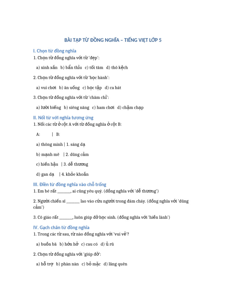 Bai Tap Tu Dong Nghia Tieng Viet 5 | PDF