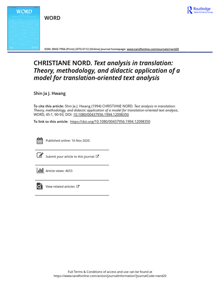 CHRISTIANE NORD. Text Analysis in Translation Theory Methodology and ...