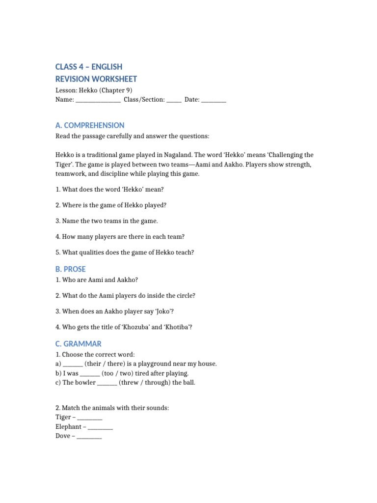 Class 4 English Hekko Game Worksheet | PDF