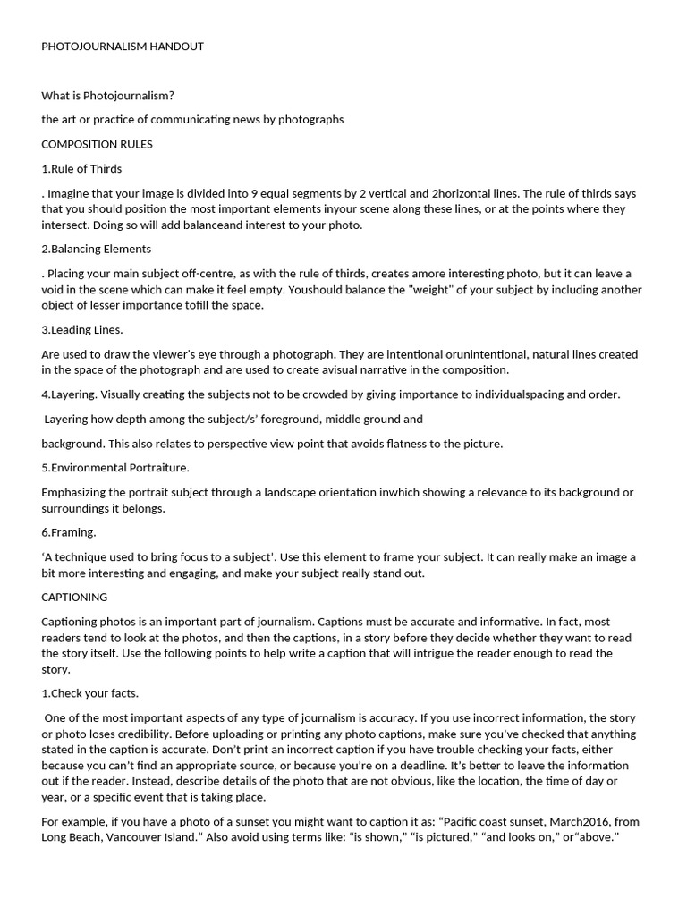 Photojournalism Handout | PDF | Composition (Visual Arts)