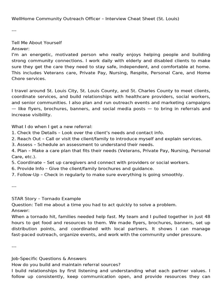 WellHome Interview Cheat Sheet | PDF | Caregiver