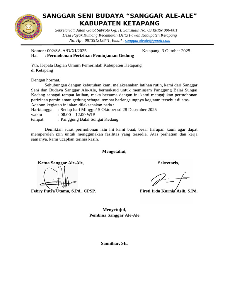 Permohonan Peminjaman Gedung Sanggar Ale-Ale | PDF