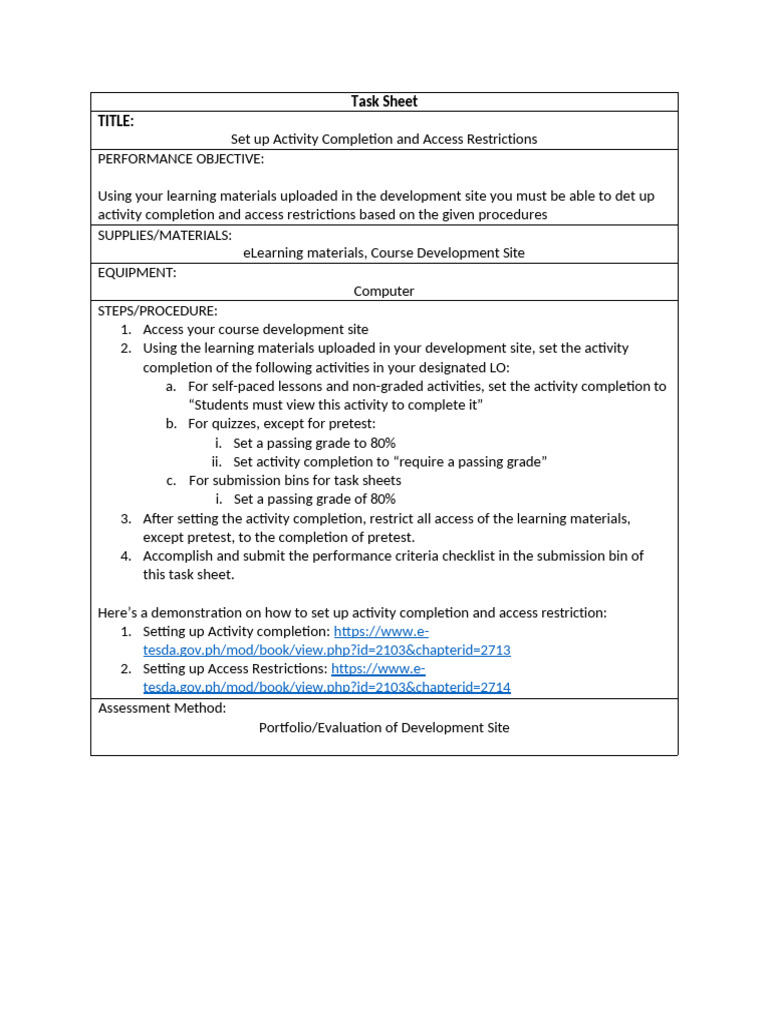 Task Sheet Activity Completion and Restrictions (1) | PDF