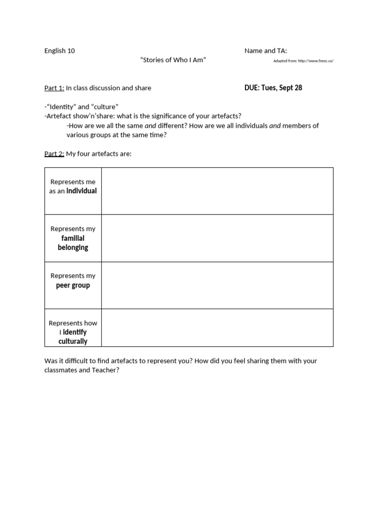 E10 (1+2) Stories of Who I Am- Personal Narrative (Artefacts) | PDF ...