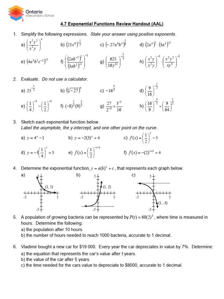 4.7.1 Exponential Functions Review Handout (AAL) | PDF | Mathematics ...