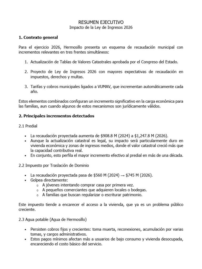 Analisis Impacto Social - Ley de Ingresos Hillo 2026 | PDF | Impuestos ...