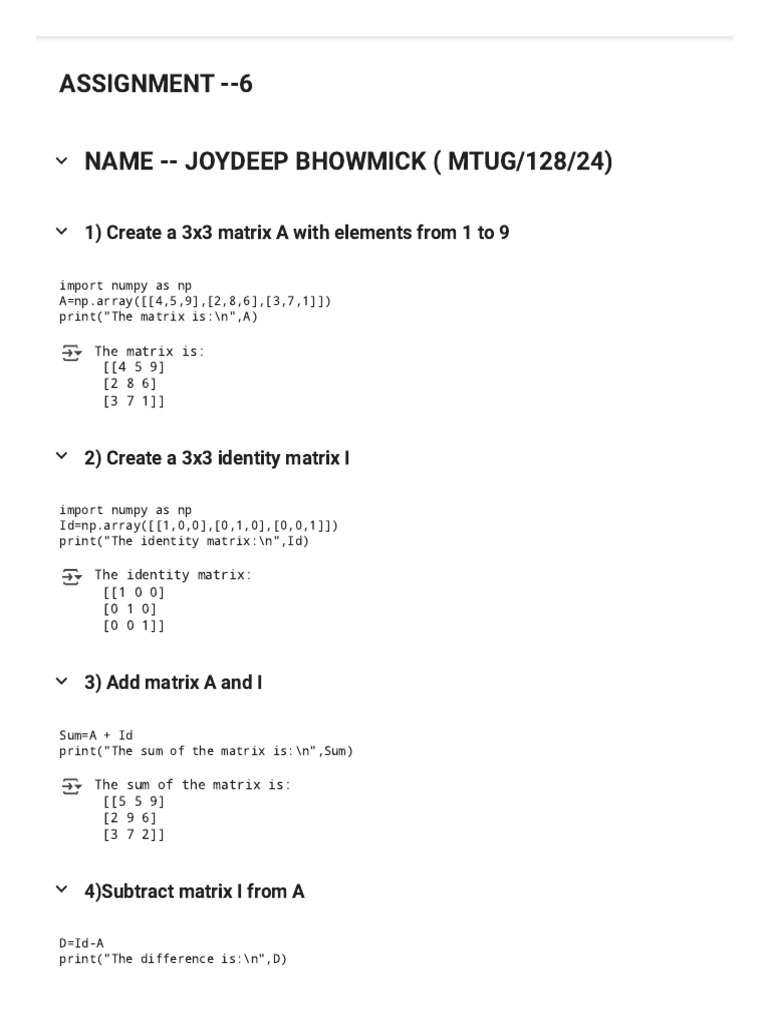 Assignment 6.Ipynb - Colab | PDF | Matrix (Mathematics) | Determinant