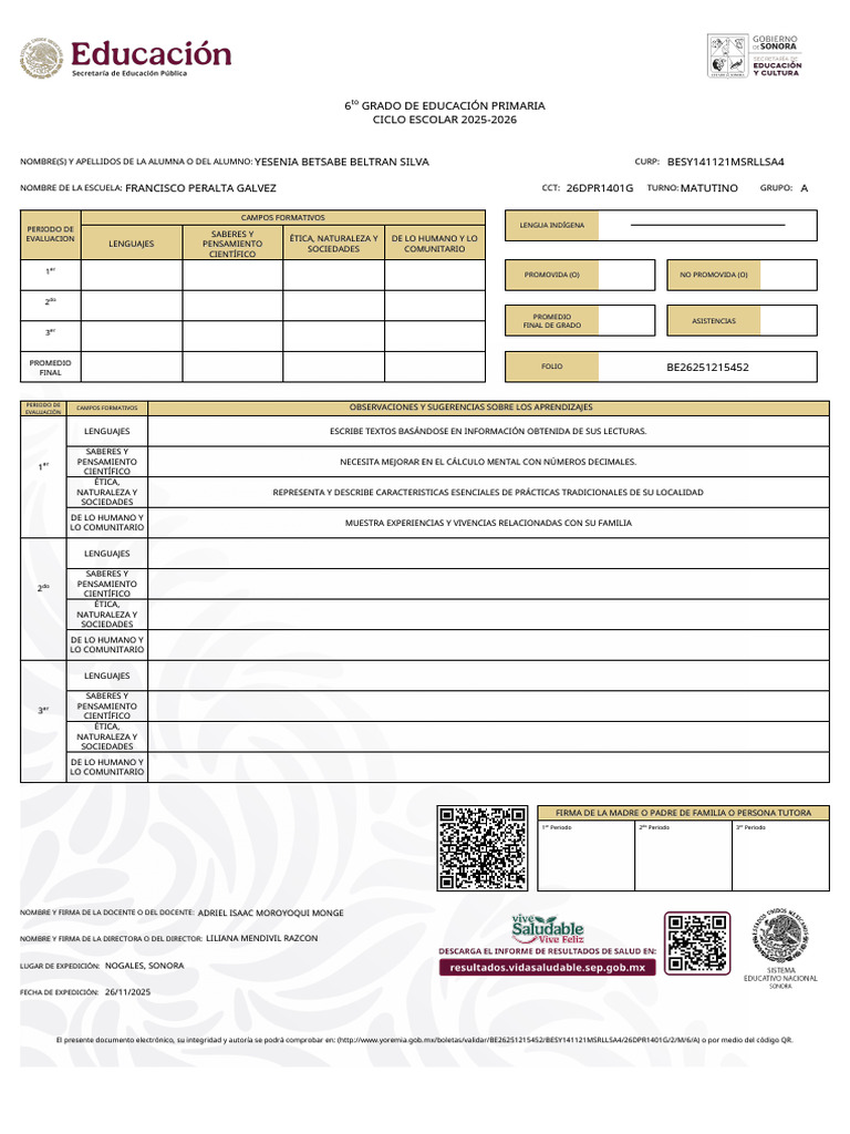 Boleta de Evaluación Primaria 2025-2026 | PDF | Cognición | Aprendizaje
