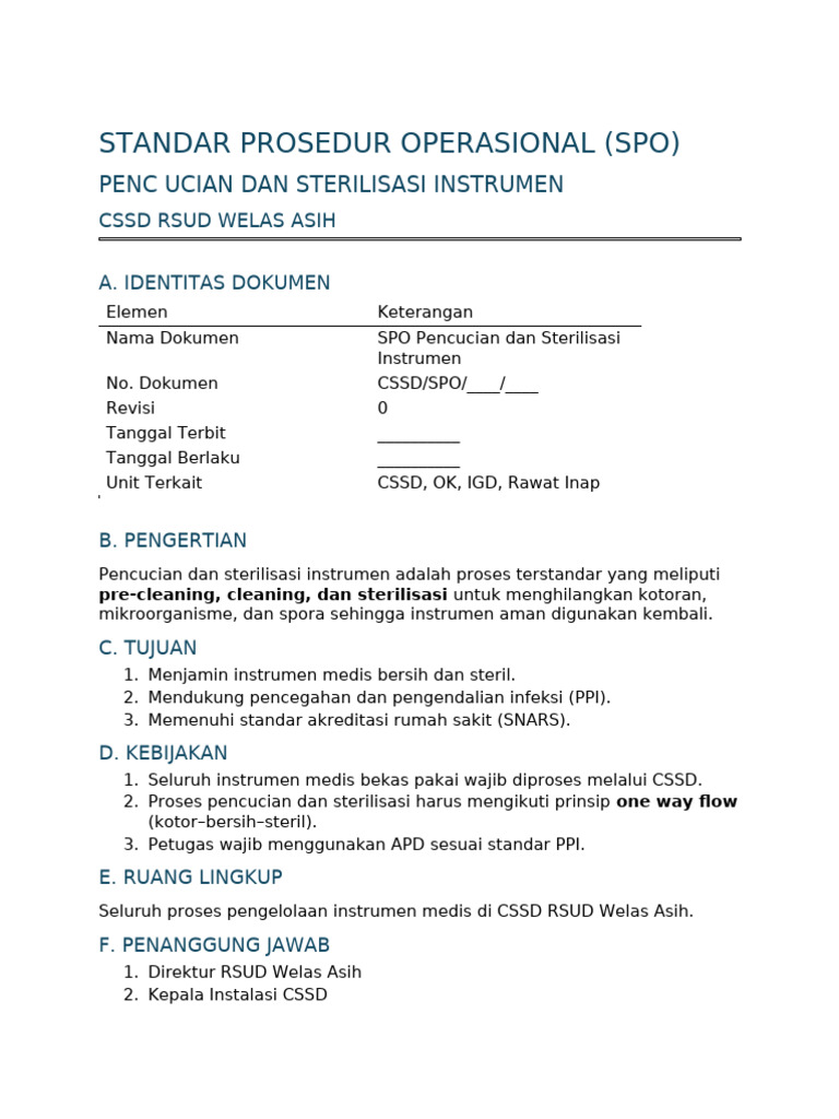 Spo Pencucian Dan Sterilisasi Instrumen CSSD Rsud Welas Asih | PDF