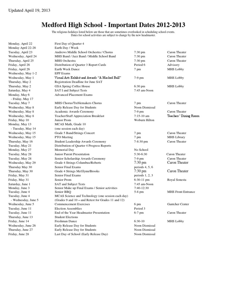 MHS Calendar of Important Dates 2012-2013 Updated April 19, 2013 | PDF ...