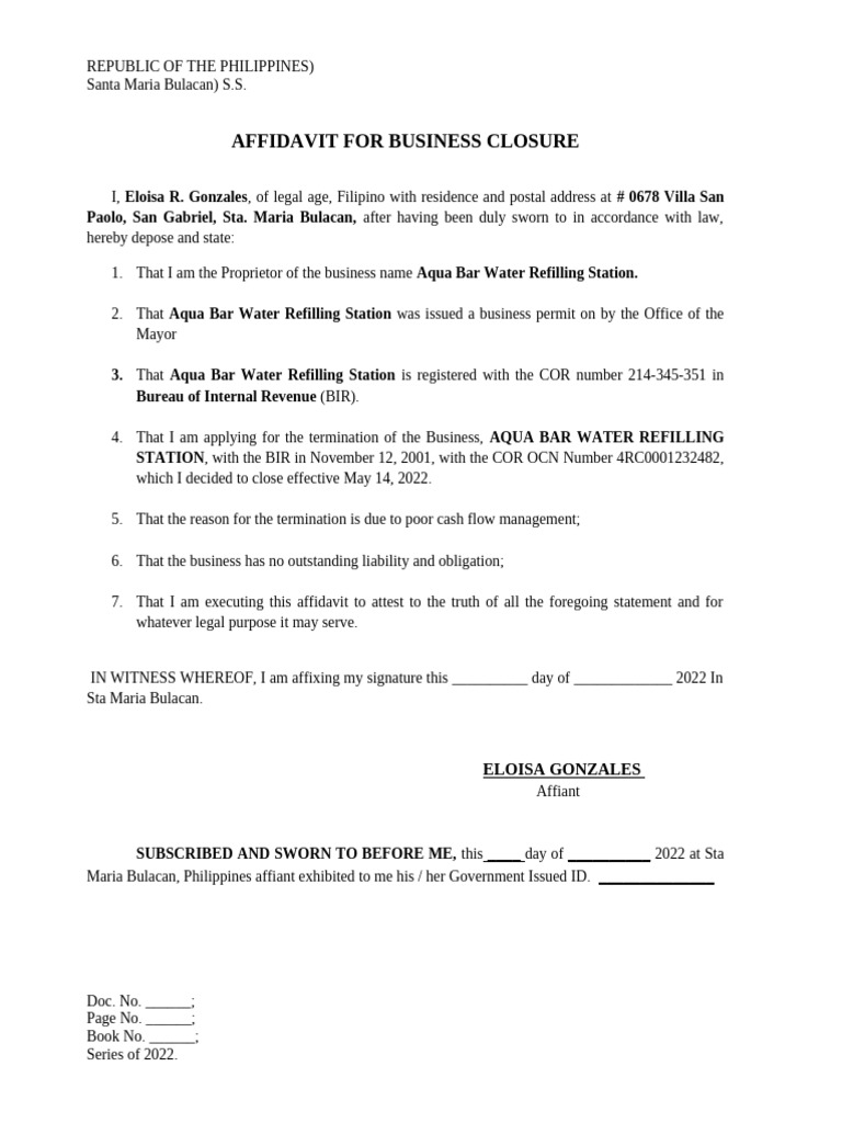 Affidavit for Business Closure in Bulacan | PDF