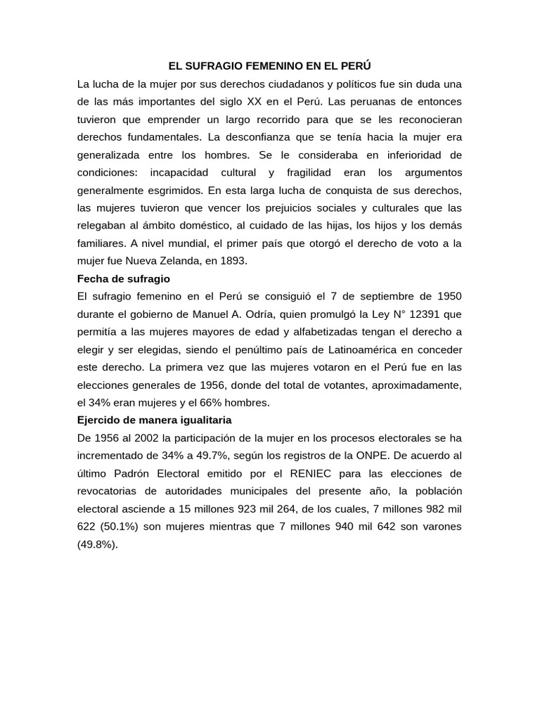 Sufragio Femenino en Perú: Historia y Logros | PDF