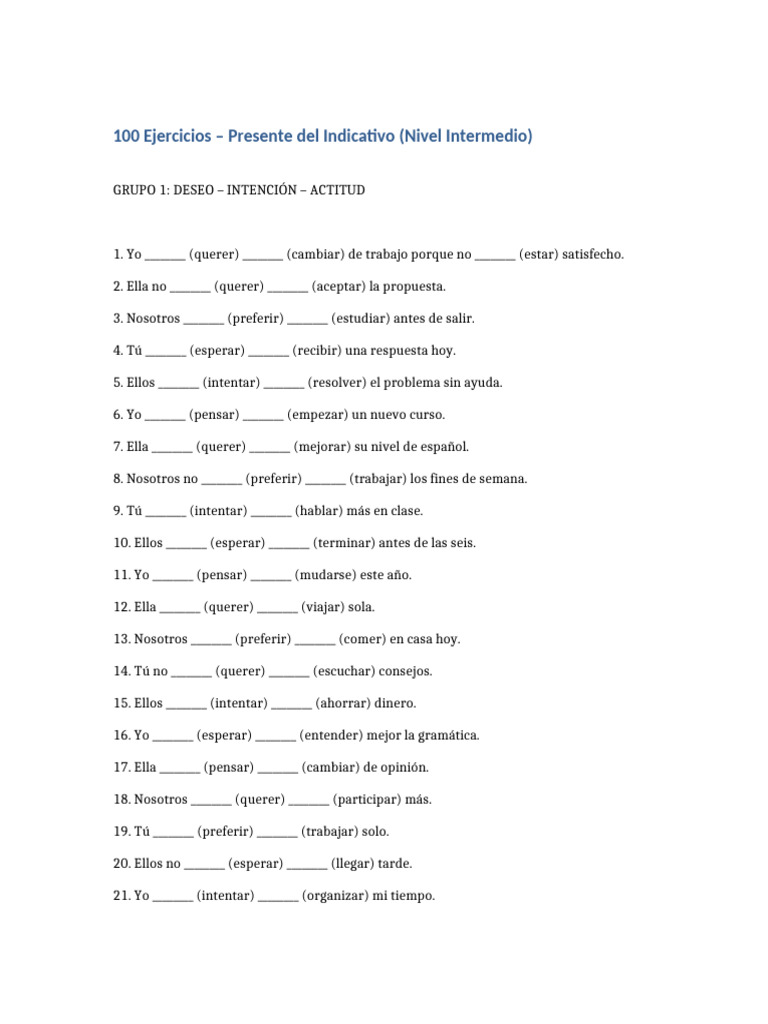 100 Ejercicios Presente Indicativo | PDF