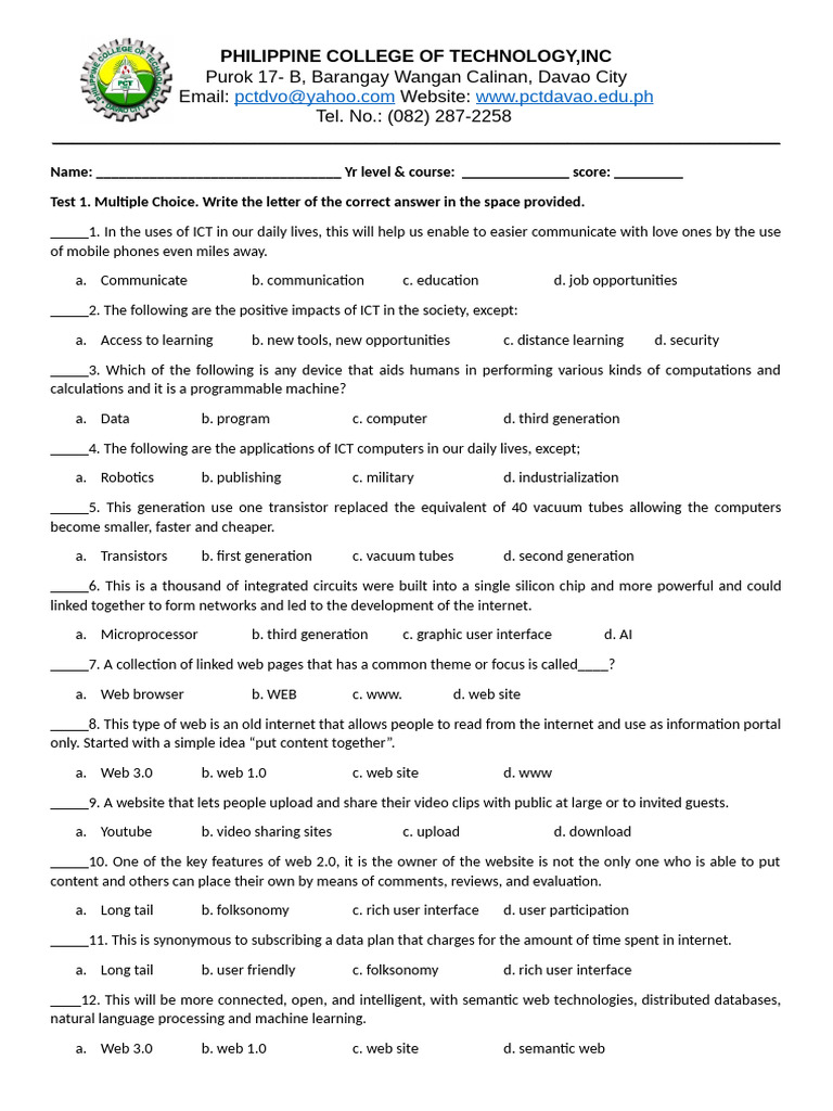 ICT Quiz and Internet Concepts Test | PDF | World Wide Web | Internet & Web