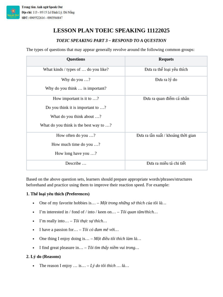 TOEIC Speaking Lesson Plan Guide | PDF