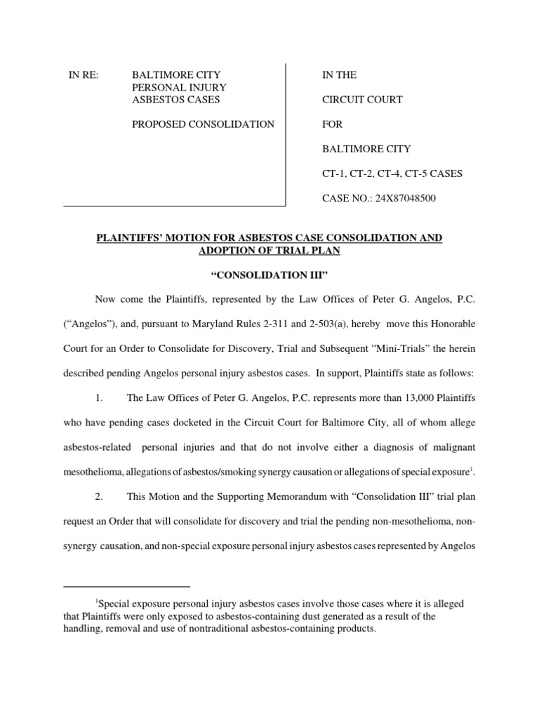 Plaintiffs' Motion for Asbestos Case Consolidation and Adoption of ...