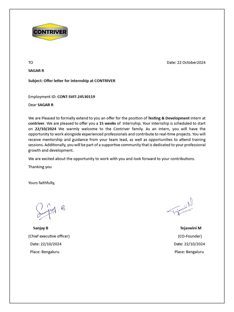 Contriver Offer Letter - Sagar r | PDF