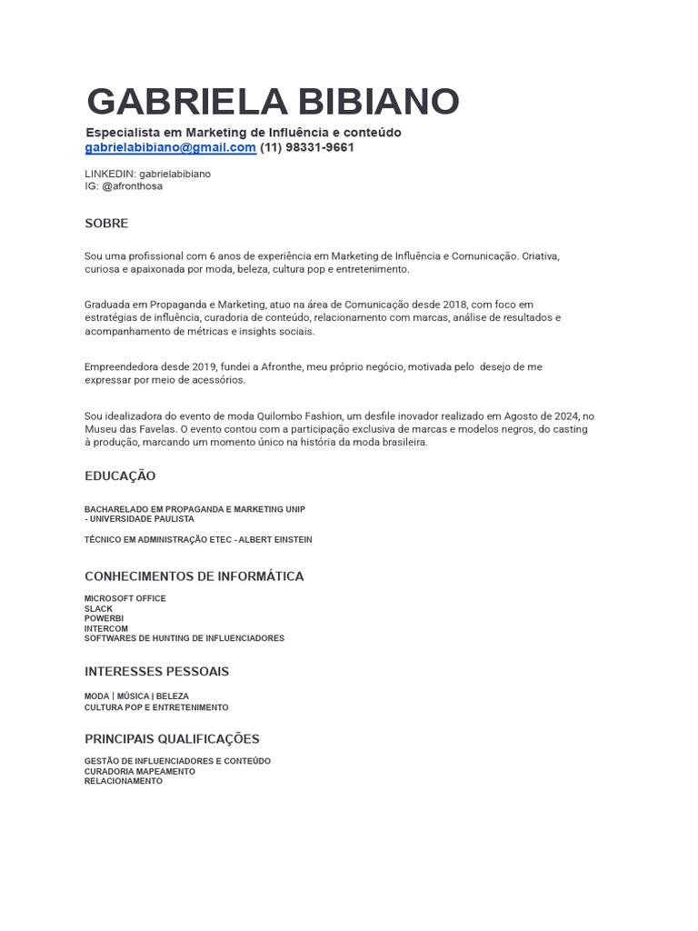 CV ATUAL GABRIELA | PDF | Marketing