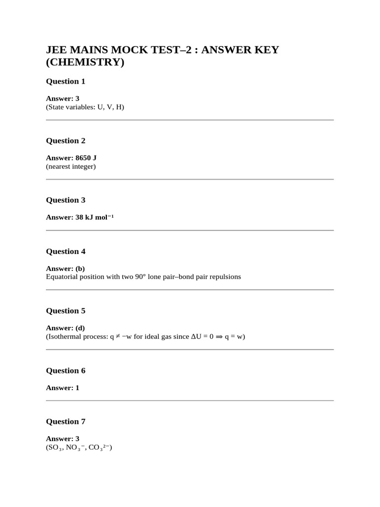 JEE Mains Chemistry Mock Test 2 Key | PDF