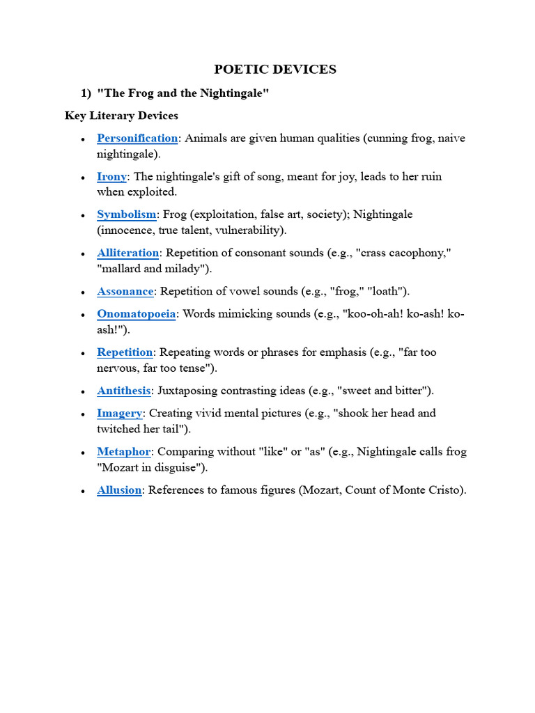 Poetic Devices in "The Frog and the Nightingale" | PDF | Poetry | Rhyme