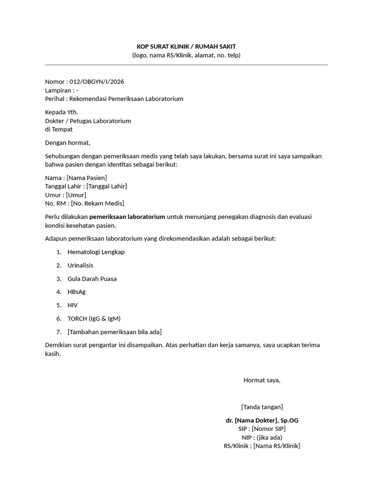 Contoh Surat Rekom Lab Dokter Obgyn | PDF