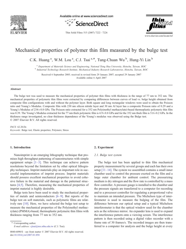Mechanical Properties of Polymer Thin Film Measured by the Bulge Test ...