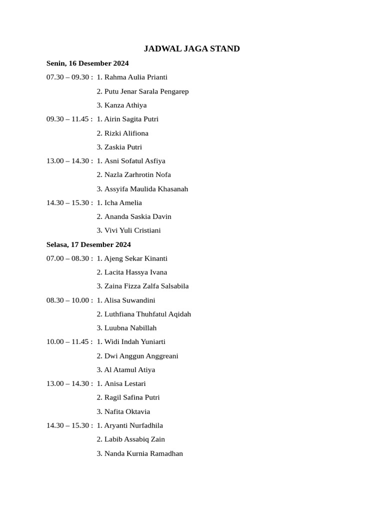 Jadwal Jaga Stand 16-18 Des 2024 | PDF