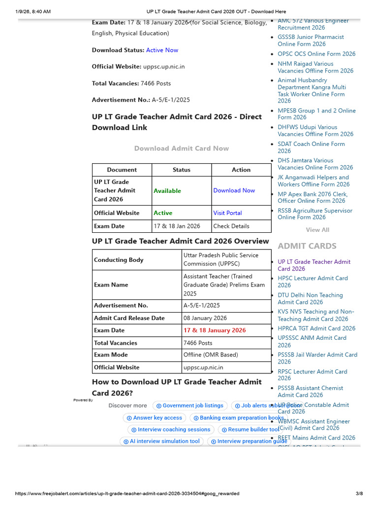 UP LT Grade Teacher Admit Card 2026 OUT - Download Here-3-8 | PDF