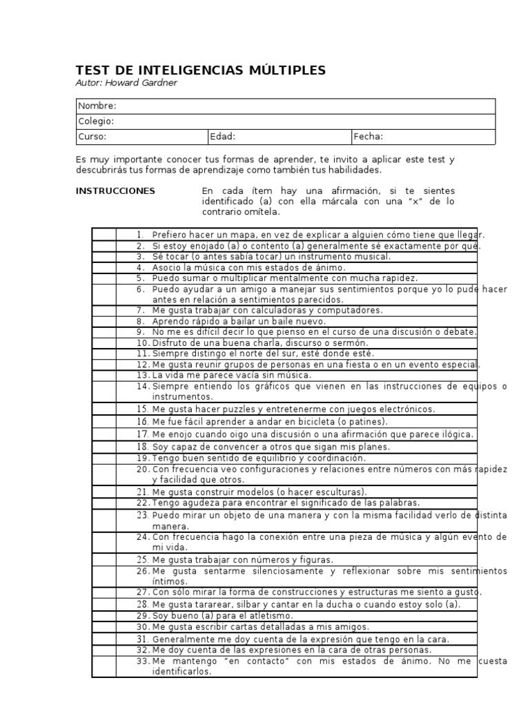 TEST DE INTELIGENCIAS MÚLTIPLES | Aprendizaje | Cognición | Prueba ...
