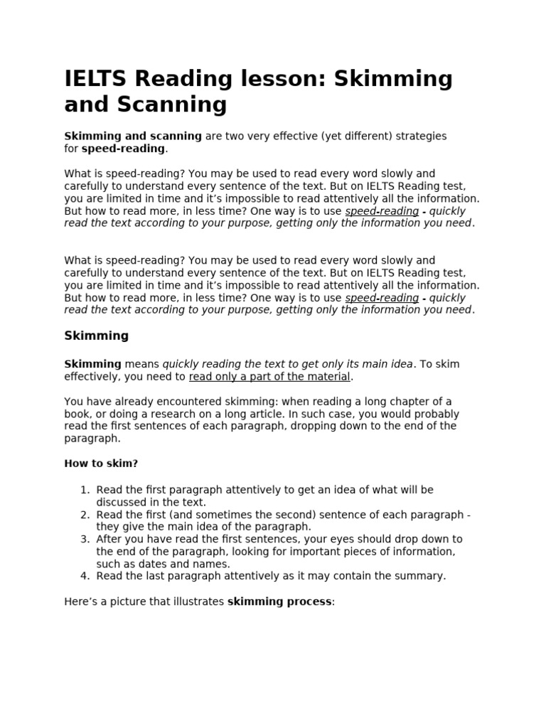 IELTS Reading: Skimming & Scanning Techniques | PDF | Speed Reading