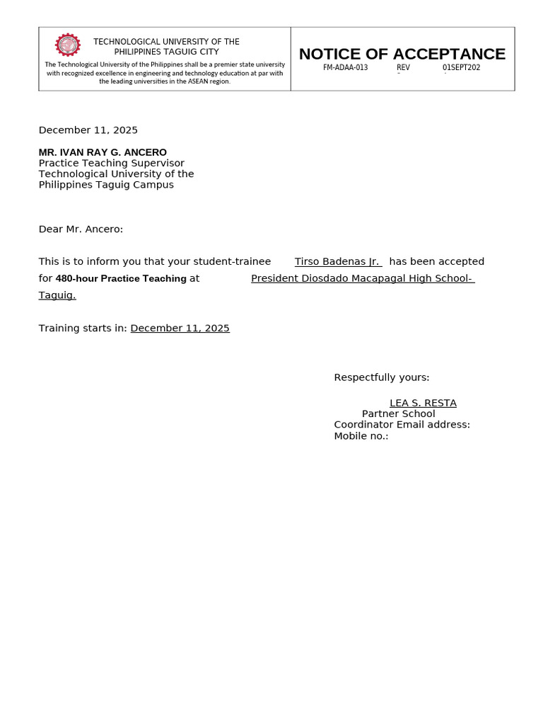 Form 013 Notice of Acceptance PT | PDF