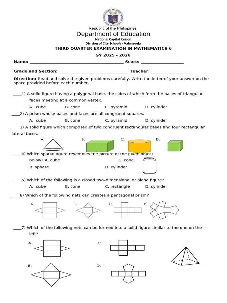 MATHEMATICS - 6 - Q3 - TEST - 2025-2026 (Word File) | PDF | Area ...