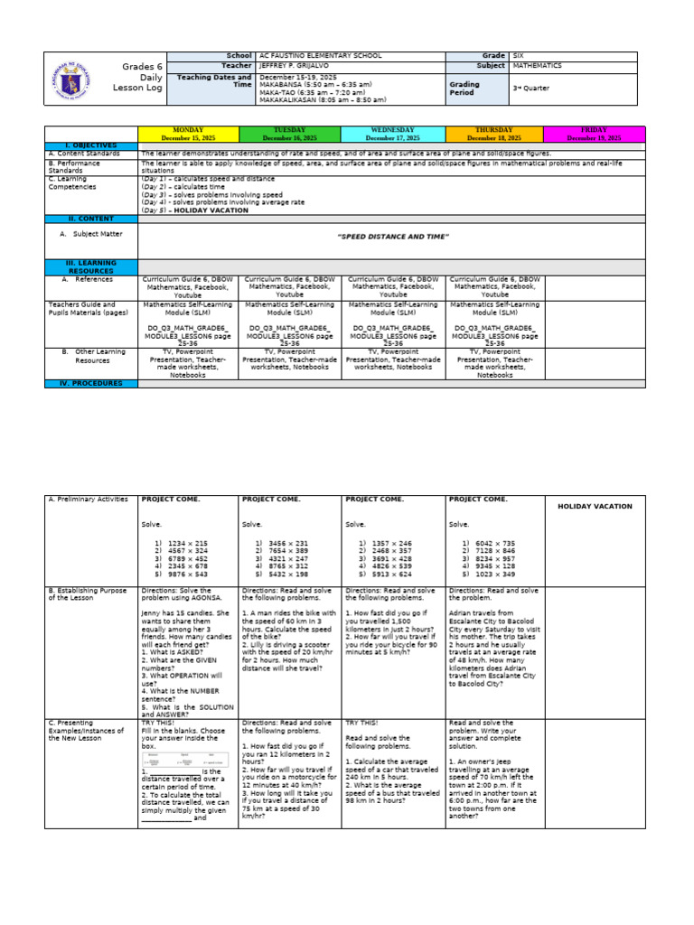 Grade 6 Math: Speed and Distance Lessons | PDF | Speed | Curriculum