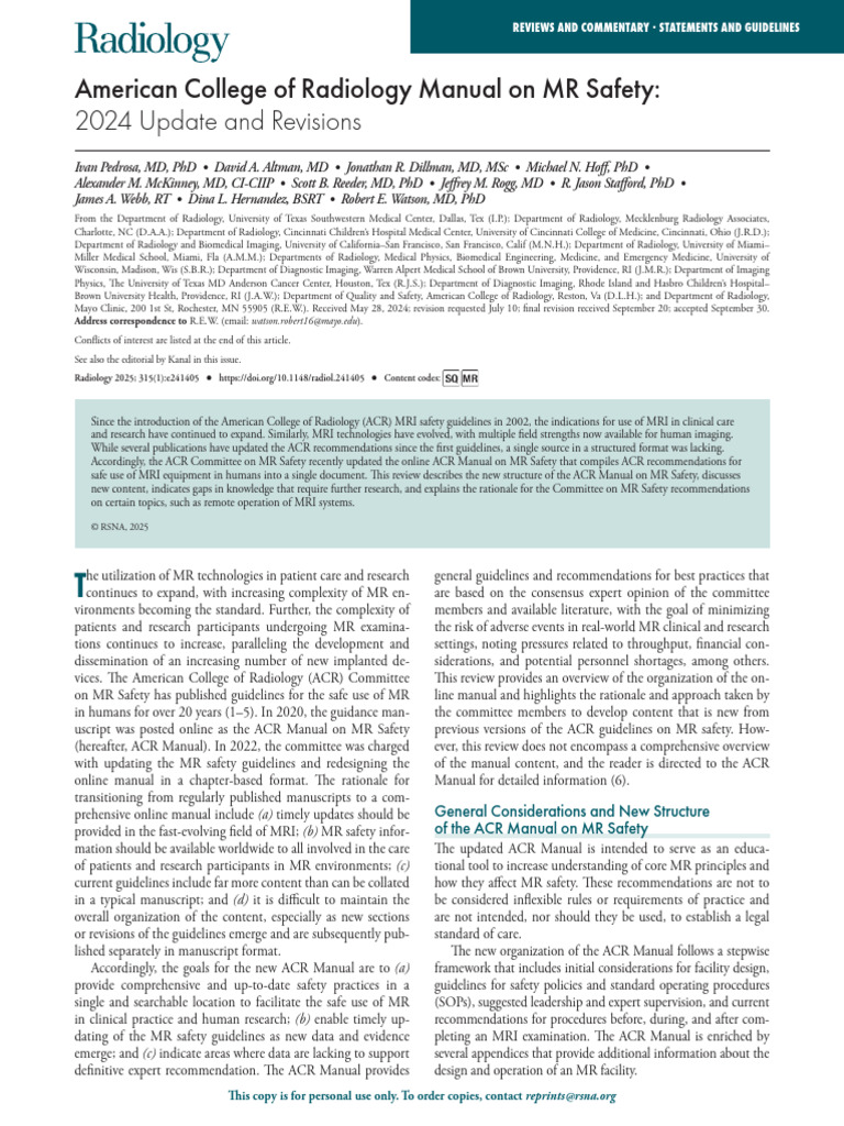ACR Manual on MR Safety: 2024 Update | PDF | Magnetic Resonance Imaging ...