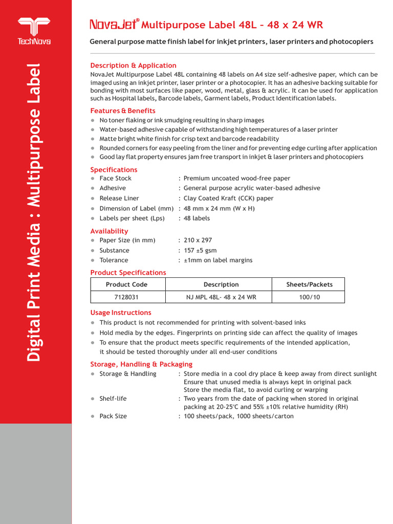 NovaJet Multipurpose Label 48L-48 X 24 WR - MPL48L - Brochure | PDF ...