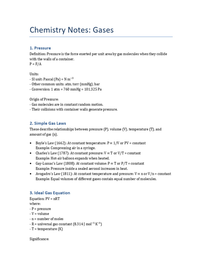 Chemistry Notes on Gas Laws and Pressure | PDF | Gases | Pressure