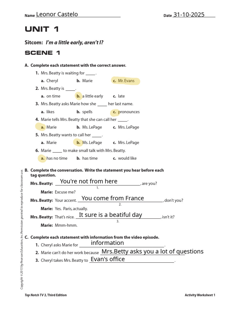 UNIT 01 TV Activity Worksheets (1) (1) | PDF