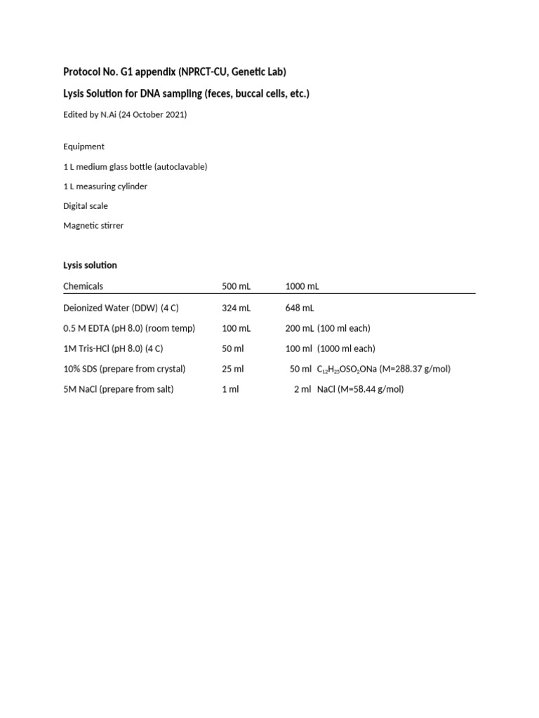 DNA Sampling Lysis Solution Protocol | PDF