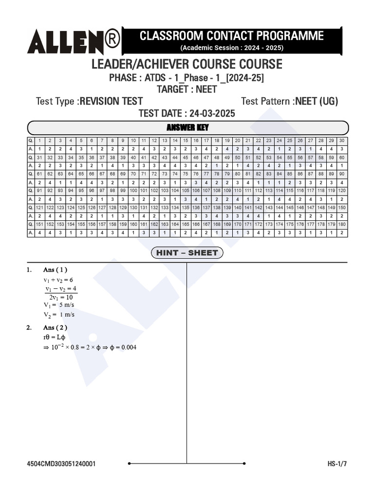 NEET-ATDS -1_Phase -1_24.03.2025_Key & Solutions | PDF