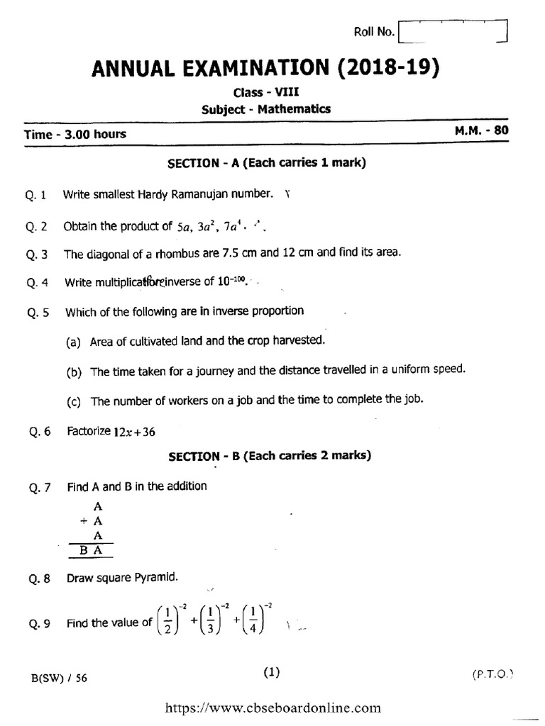 Cbse Class 8 Mathematics 250123 2019 | PDF