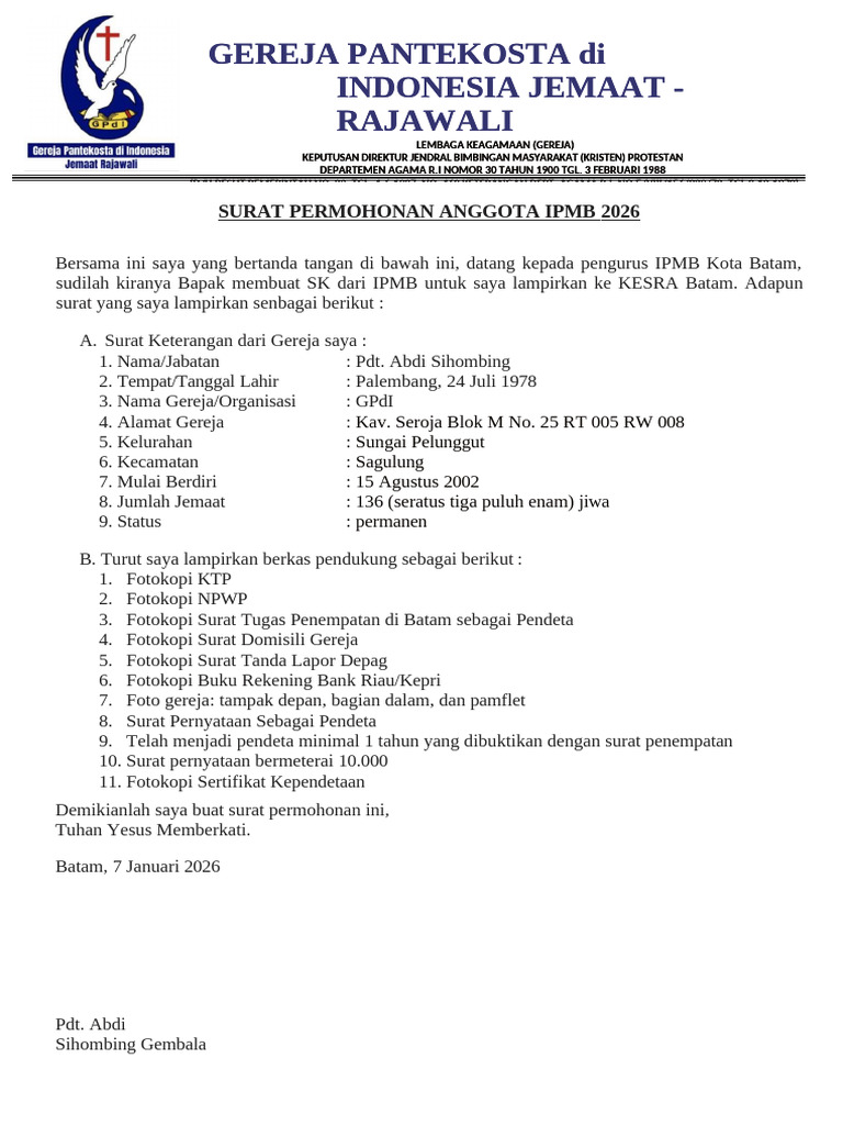 Permohonan Anggota IPMB 2026 oleh Pdt. Abdi | PDF