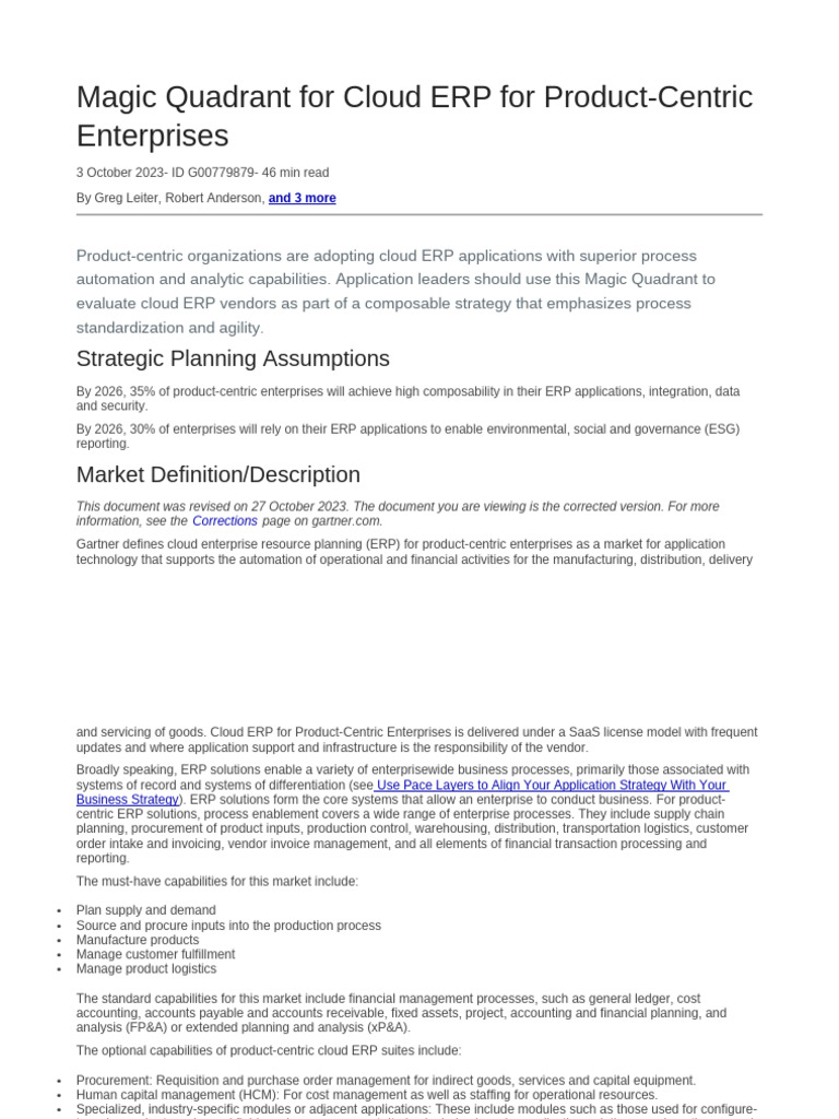 Cloud ERP Magic Quadrant for Products | PDF | Enterprise Resource ...