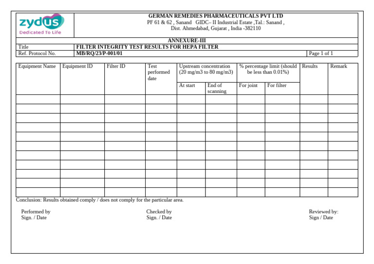 HEPA Filter Integrity Test Results | PDF