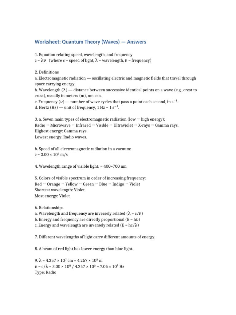 Quantum Theory Worksheet Answers | PDF