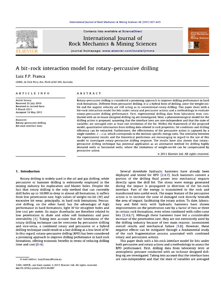A Bit Rock - Rock Interaction Model For Rotary Percussive Drilling | PDF