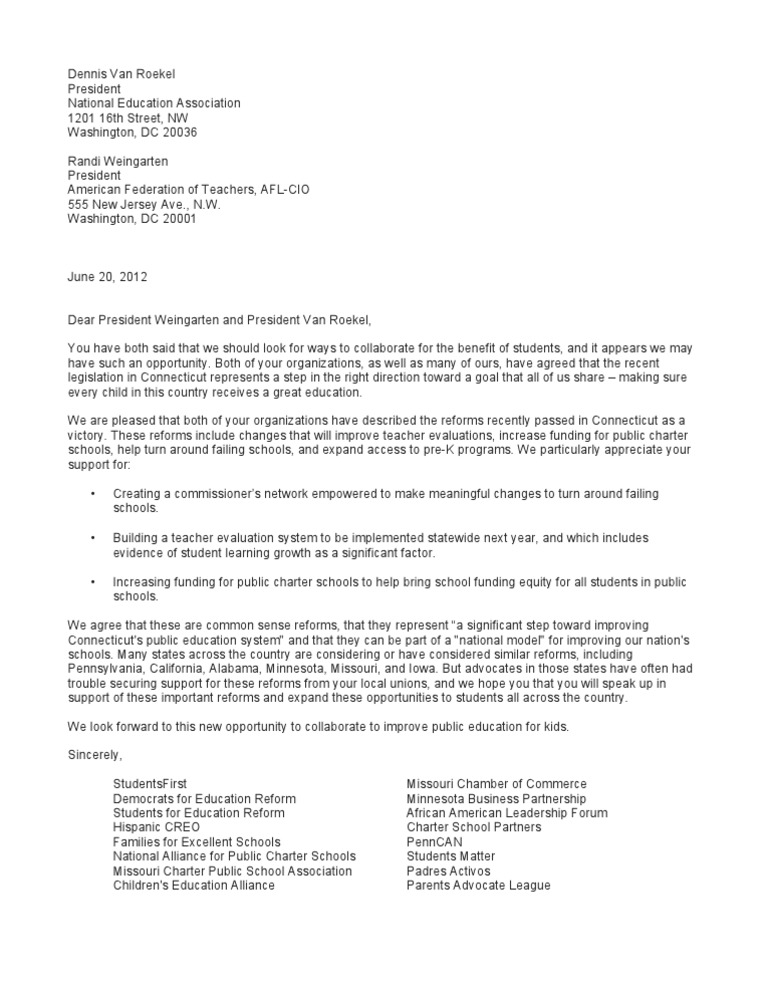 Letter To Pres Weingarten and Pres Van Roekel | PDF | Education Reform ...